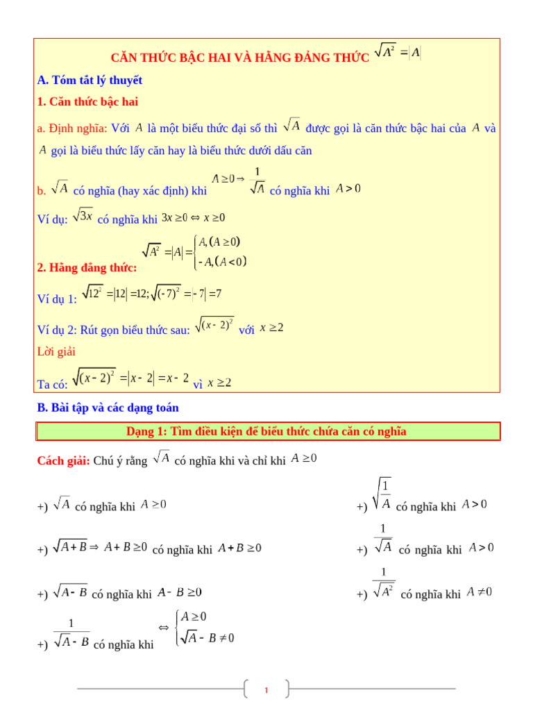 Tai Lieu Toan 9 Chu de Can Thuc Bac Hai Va Hang Dang Thuc SQRT A2 Left ...