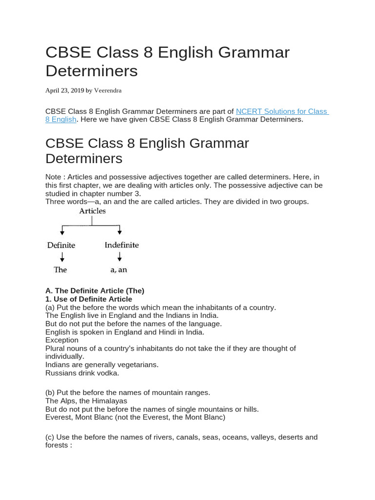 CBSE Class 8 English Grammar Determiners | PDF | English Grammar ...