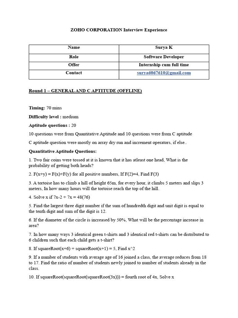 Surya - K - ZOHO CORPORATION Interview Experience | PDF | Computer Programming