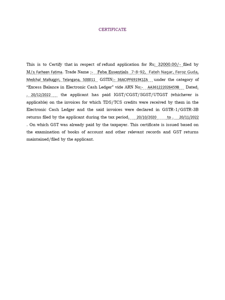GST Refund Certificate for Feba Essentials | PDF