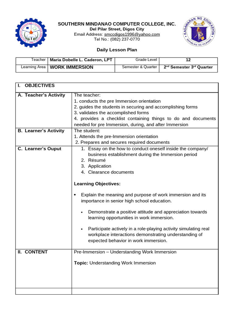 Work Immersion Lesson Plan for Grade 12 | PDF | Teachers | Skill