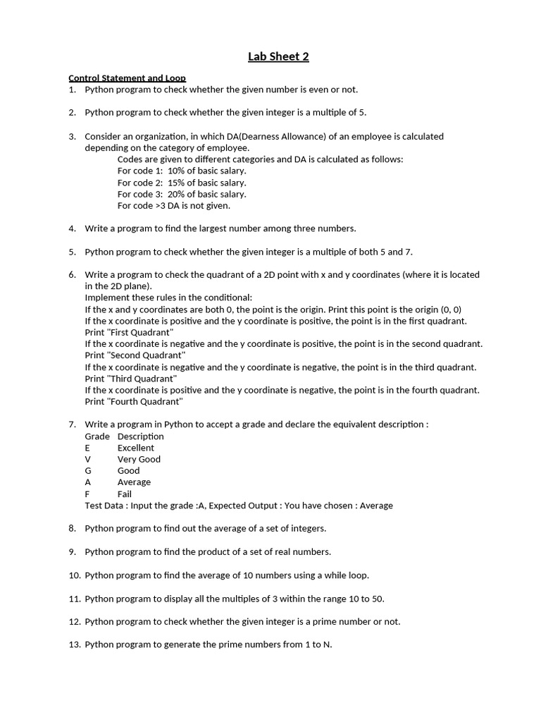 Lab Sheet 2(Control Statement) | PDF | Numbers | Python (Programming ...
