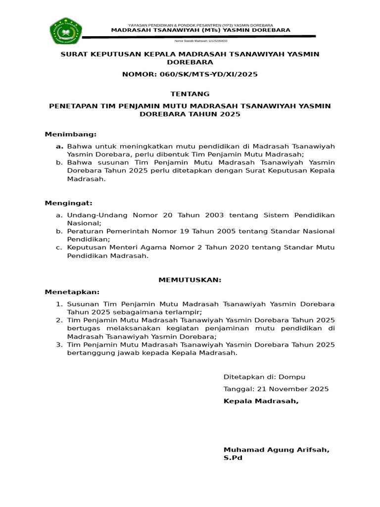 Sk Tim Penjamin Mutu Madrasah | PDF
