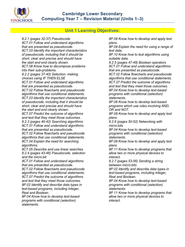 Year 7 Computing Revision Guide | PDF | Algorithms | Computer Data Storage