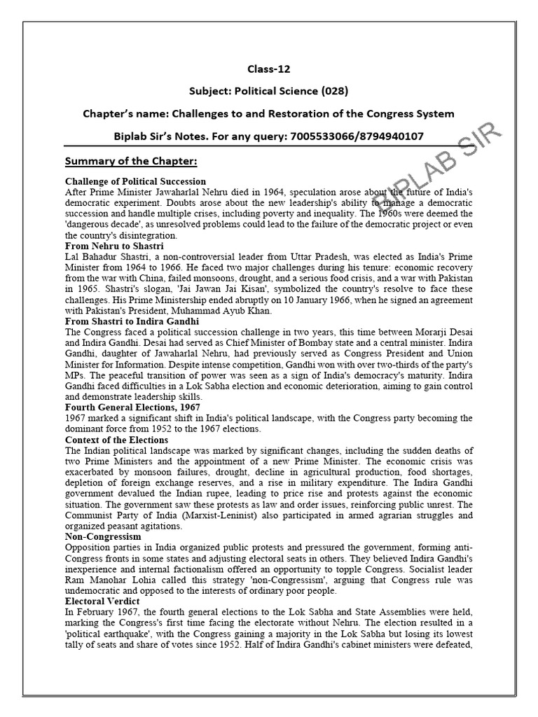 Challenges To and Restoration of The Congress System Class 12 Political ...