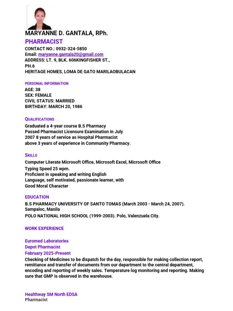 MARY ANNE DE GUZMAN GANTALA_CV (2) | PDF | Pharmacy | Pharmacology