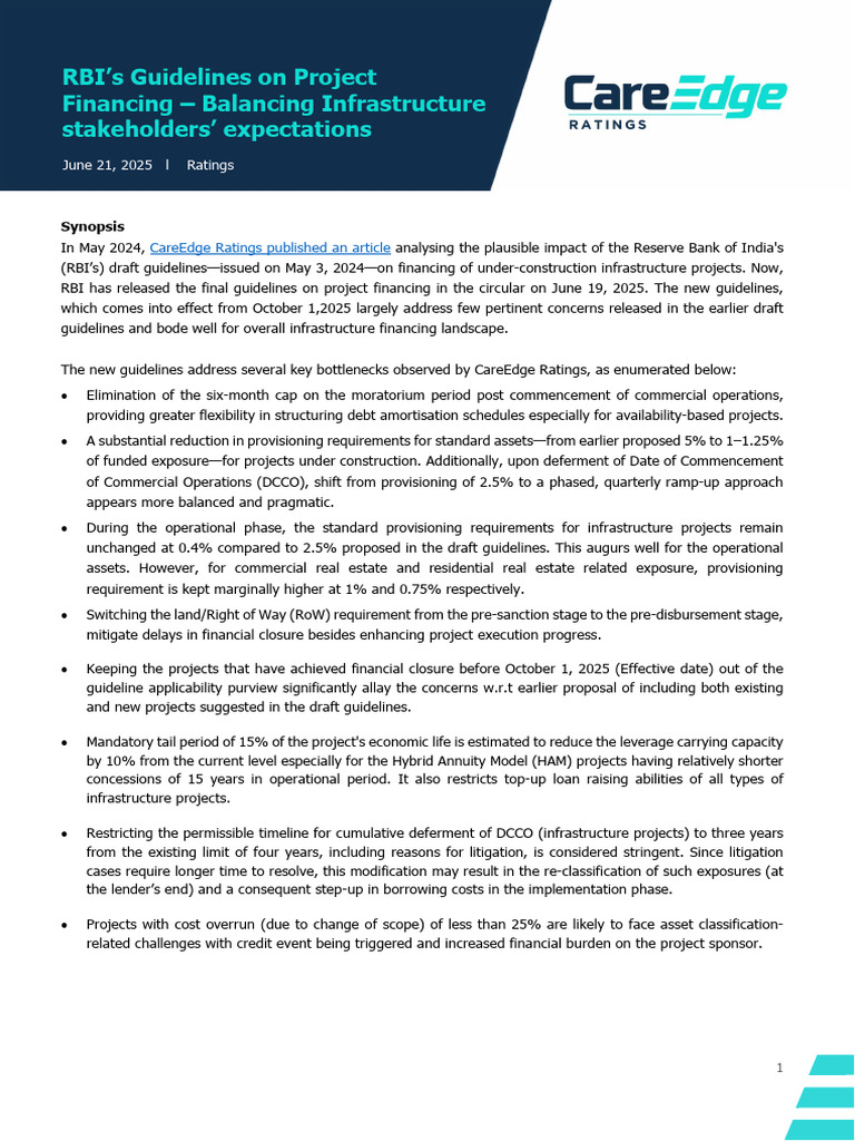 RBI's Guidelines On Project Financing - CareEdge Report | PDF | Reserve ...