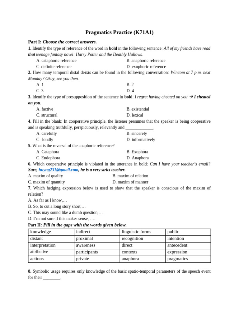 Pragmatics Practice Questions and Analysis | PDF | Linguistics | Semantics