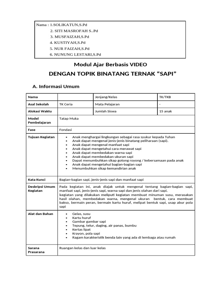 Modul Ajar Sapi untuk TK Ceria | PDF