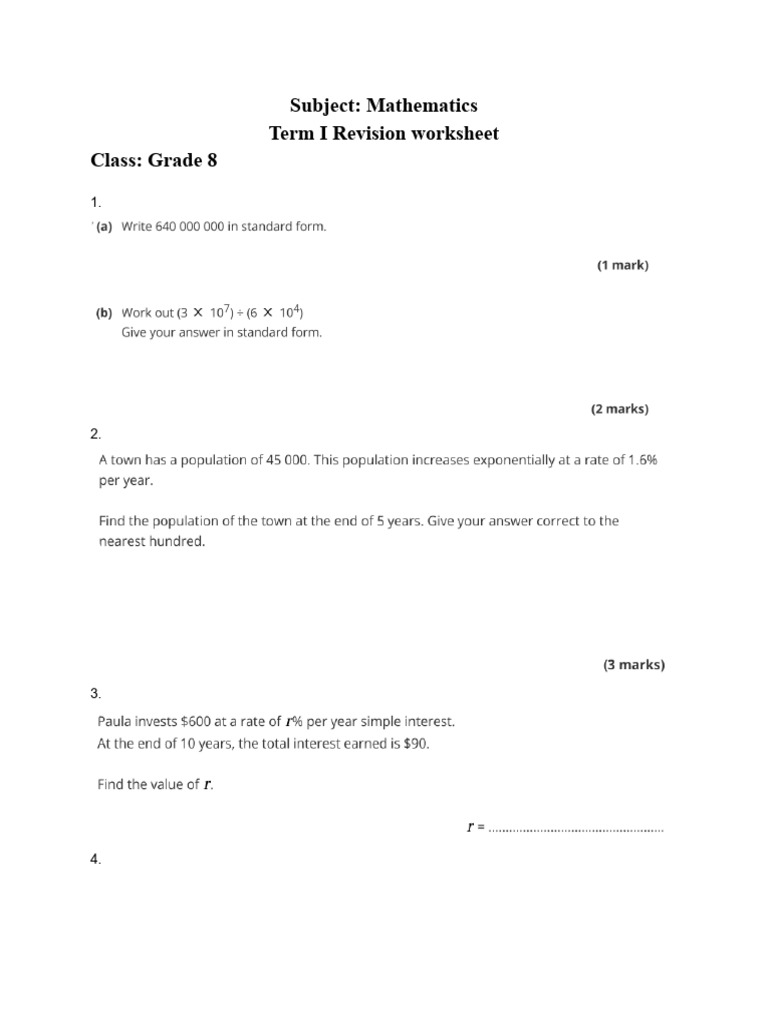 Grade 8 Term I Revision Worksheet | PDF
