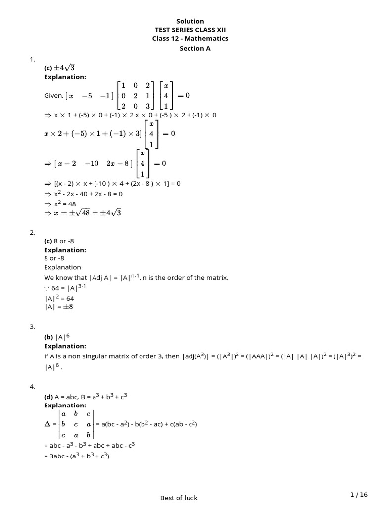 Solution-Test Series Class XII | PDF | Geometry | Mathematical Analysis