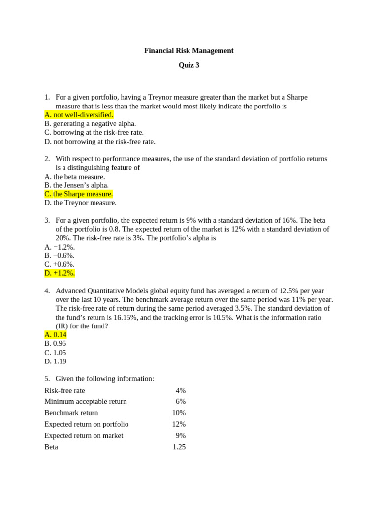 Quiz 3 Key With Explanations EN | PDF | Beta (Finance) | Sharpe Ratio