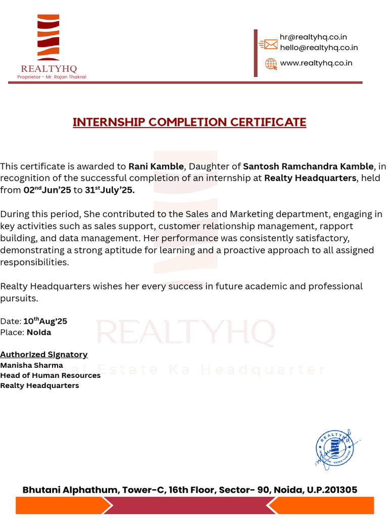 Rani Kamble Internship Completion Certificate | PDF
