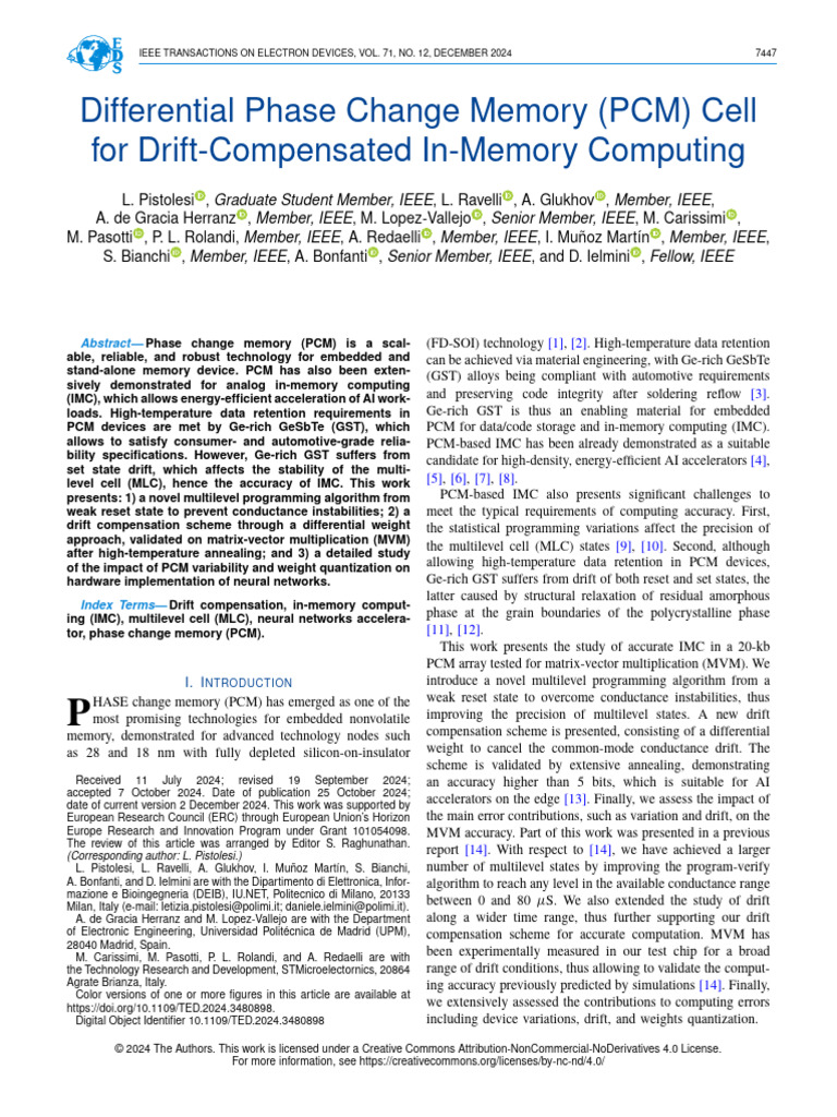 Differential Phase Change Memory PCM Cell For Drift-Compensated In-Memory Computing | PDF ...