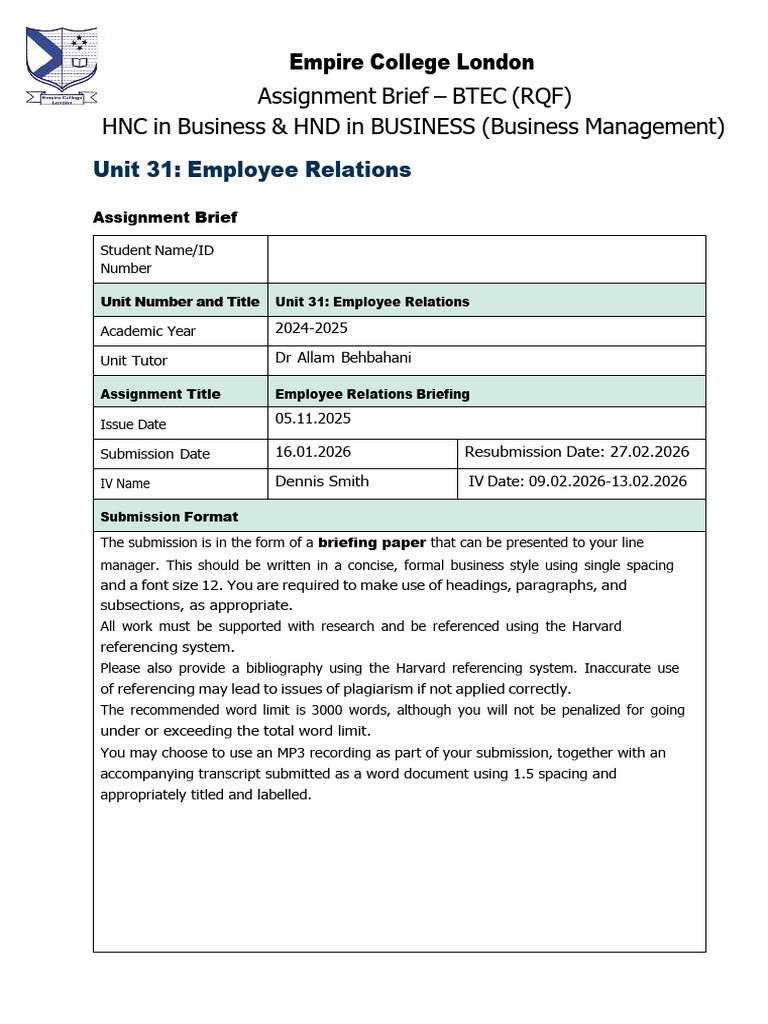 Employee Relations Assignment Brief | PDF | Employment | Business