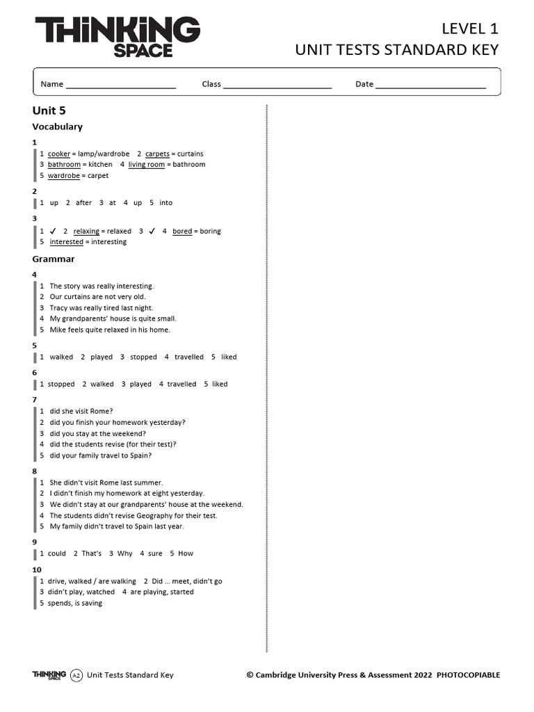 A2 Level 1 Unit Tests Standard Key | PDF
