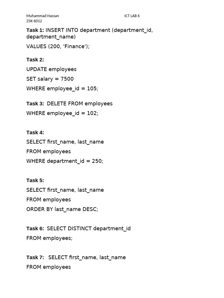 Ict Lab 6 SQL | PDF