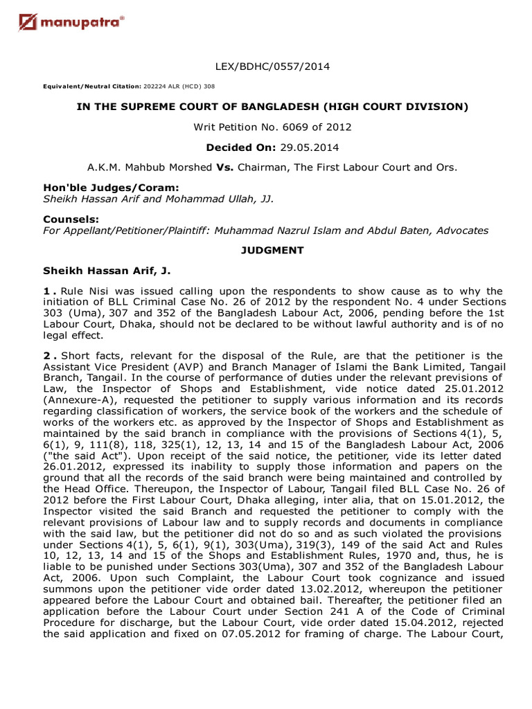 AKM Mahbub Morshed Vs Chairman The First Labour CoBDHC201401122 | PDF ...