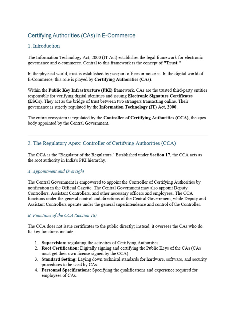 Certifying Authorities (Cas) in E-Commerce: A. Appointment and ...