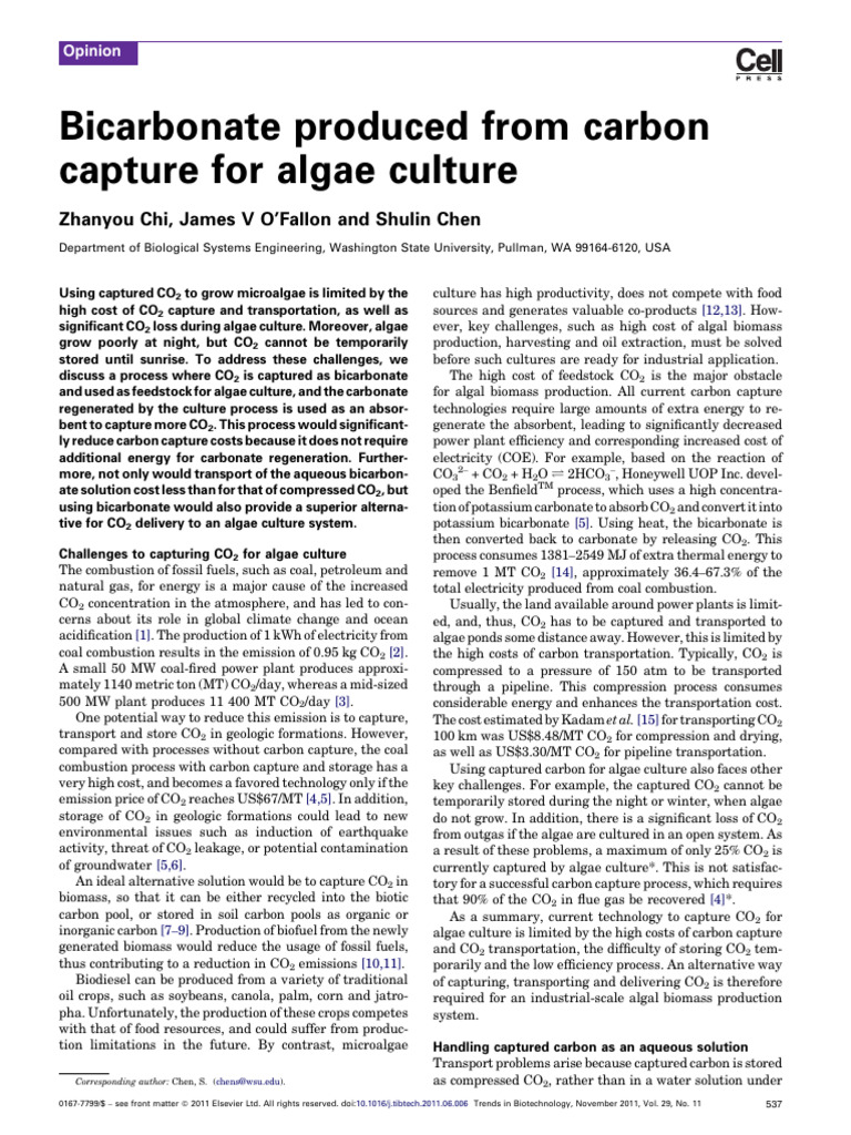 Bicarbonate Use in Algae CO2 Capture | PDF | Carbon Dioxide | Cyanobacteria