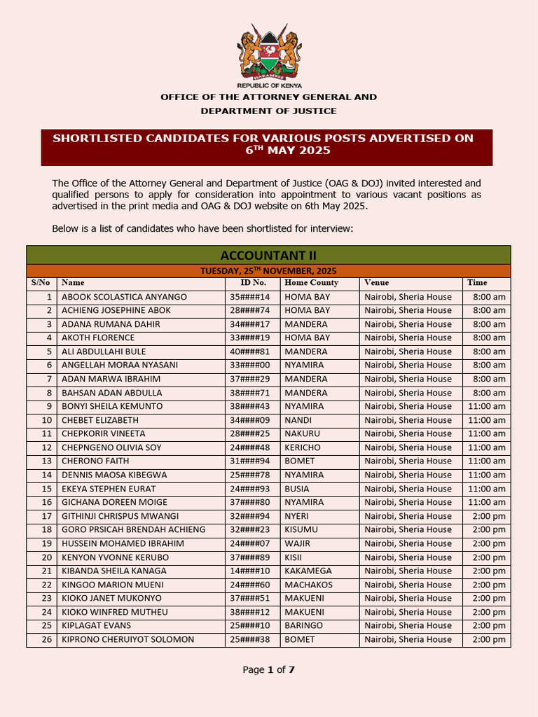 Shortlisted Candidates for OAG & DOJ Positions | PDF