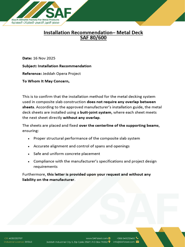 Installation Recommendation - Metal Deck - SAF 80-600 Steel Decking | PDF