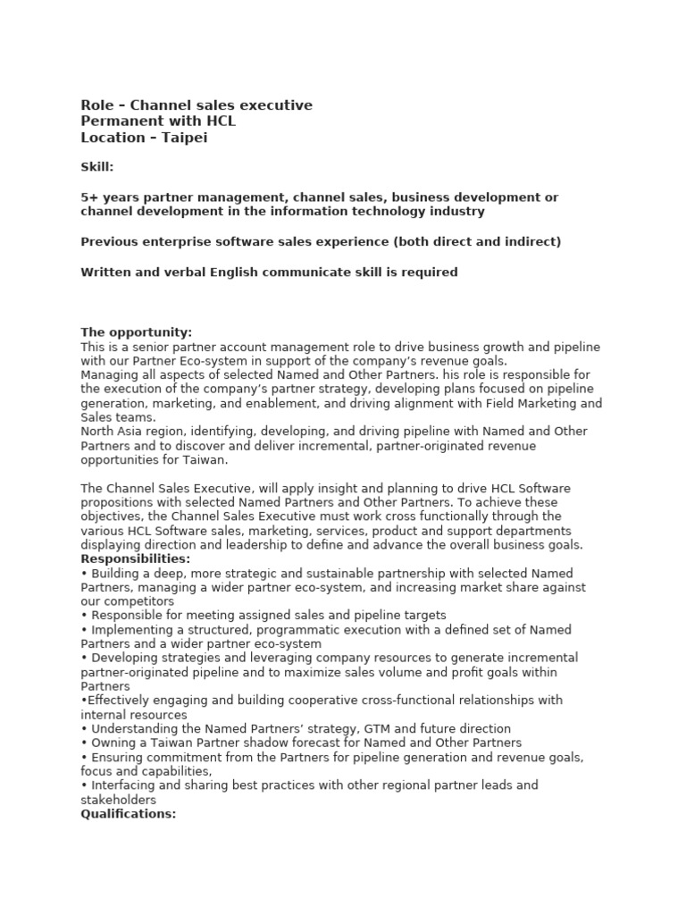JD - Channel Sales Executive - Taiwan | PDF | Sales | Marketing