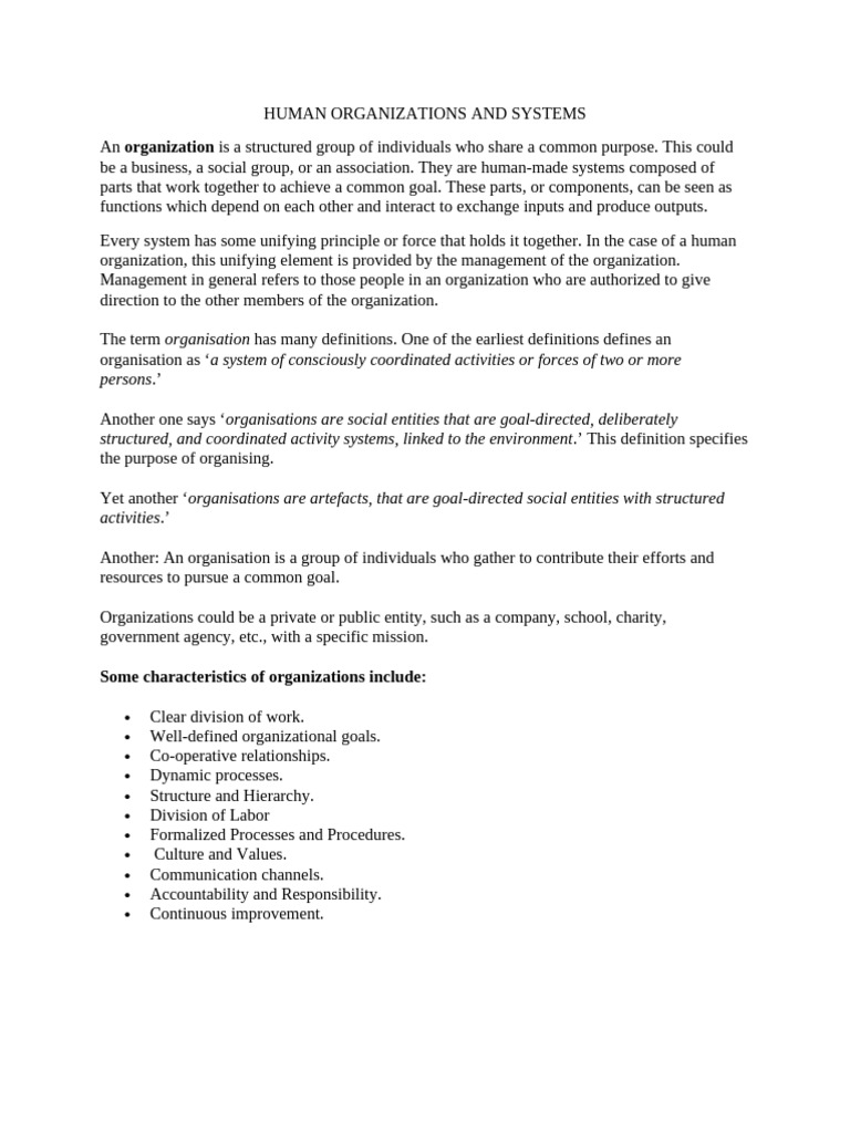 Human Organizations and Systems | PDF | Organizational Structure | System
