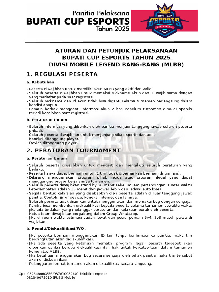 Petunjuk Tournament MLBB Bupati Cup 2025 | PDF