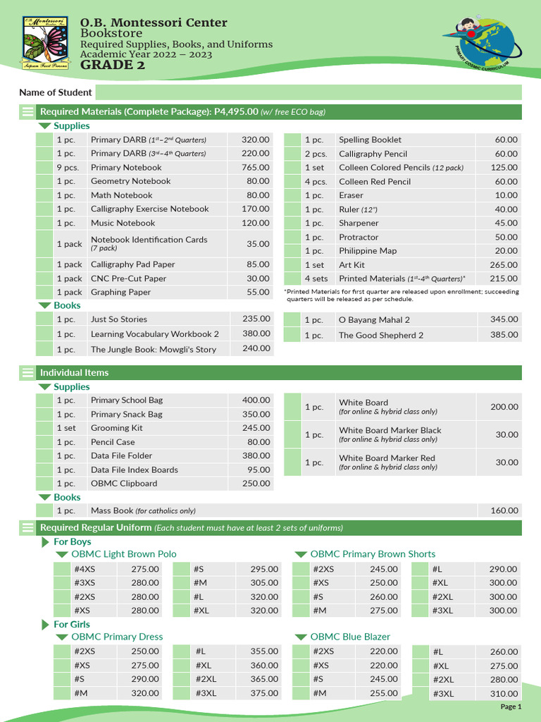 Grade 2 Checklist 2022-2023 | PDF | Clothing | Uniforms
