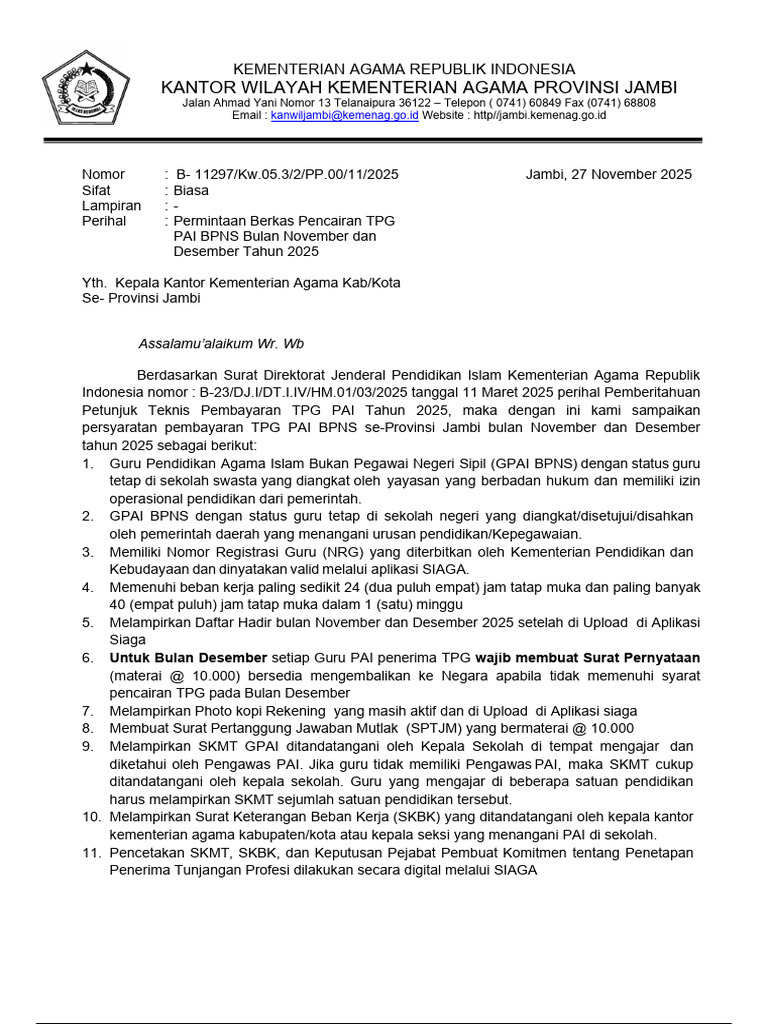 Surat Pemberitahuan TPG Bpns Nov-Des 2025 - Tte | PDF