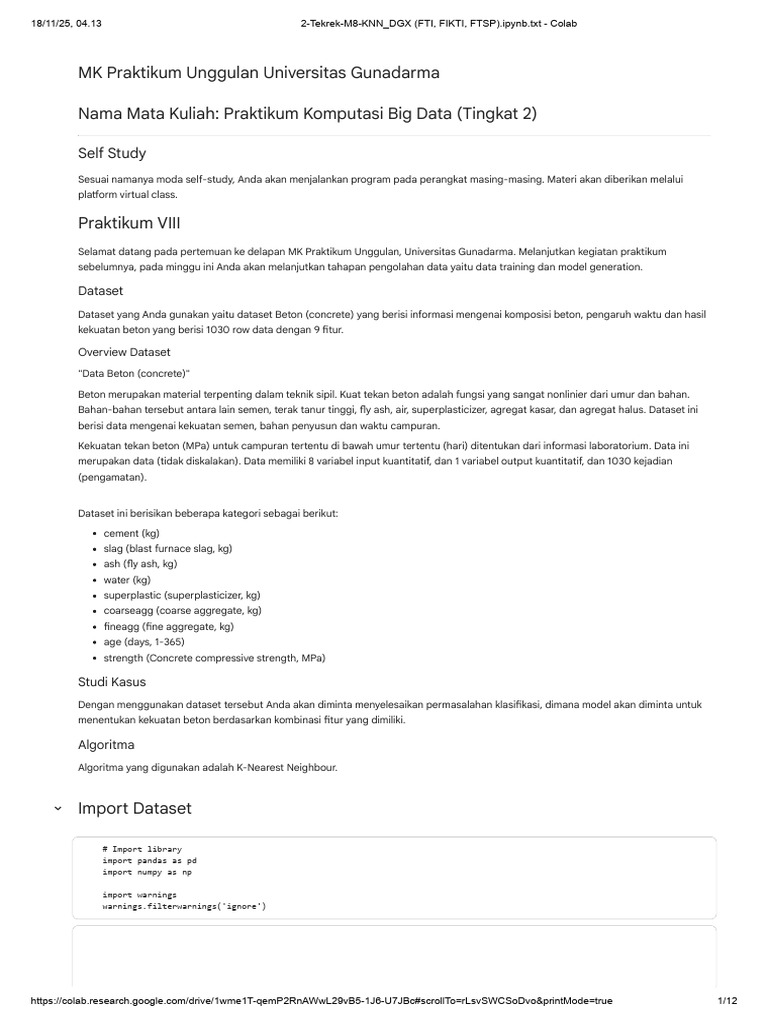 2-Tekrek-m8-Knn_dgx (Fti, Fikti, Ftsp).Ipynb.txt - Colab | PDF