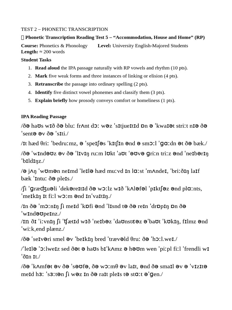 Test 2 - Phonetic Transcription - Accommodation, House and Home | PDF