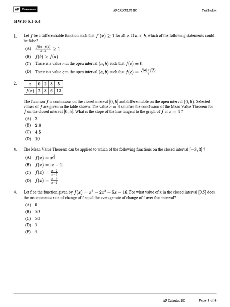 Ap Calculus BC Test Booklet | PDF | Derivative | Function (Mathematics)