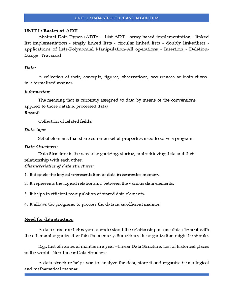 DS - UNIT I (1) (1) | PDF | Pointer (Computer Programming) | Data Structure