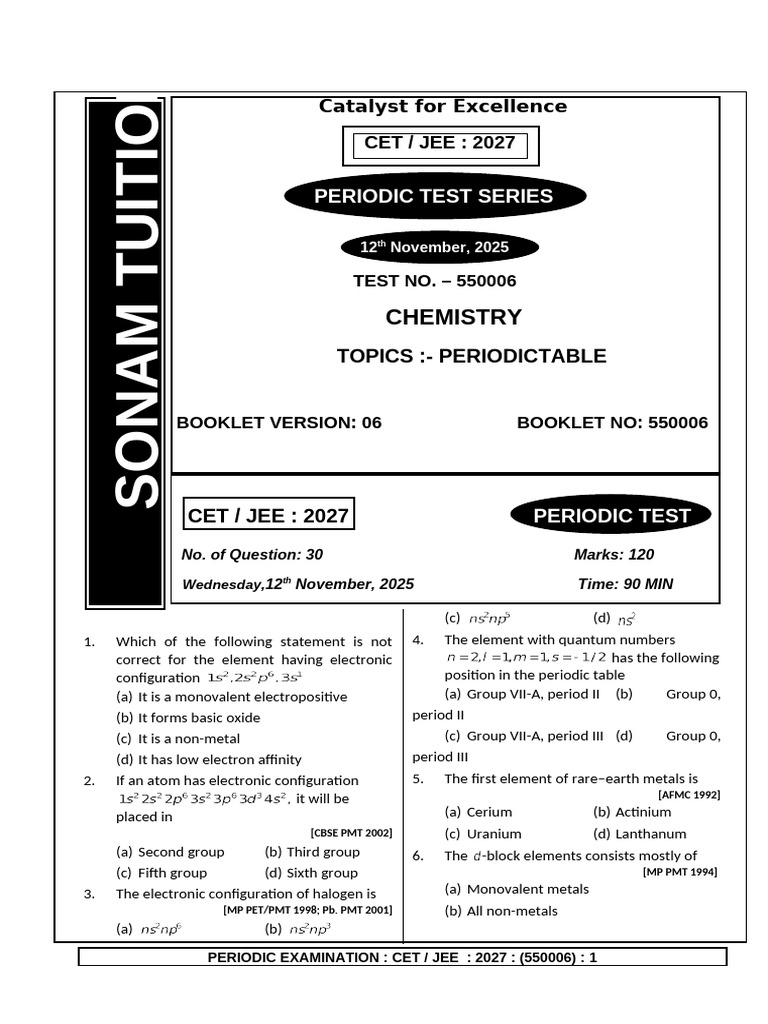 Periodic Table MCQ's Paper 2 | PDF | Periodic Table | Atomic