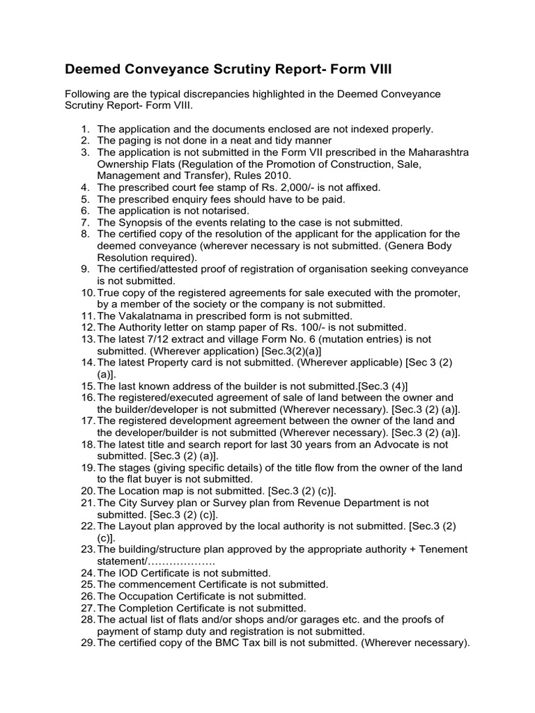 Deemed Conveyance Scrutiny Report Form VIII 8 | PDF