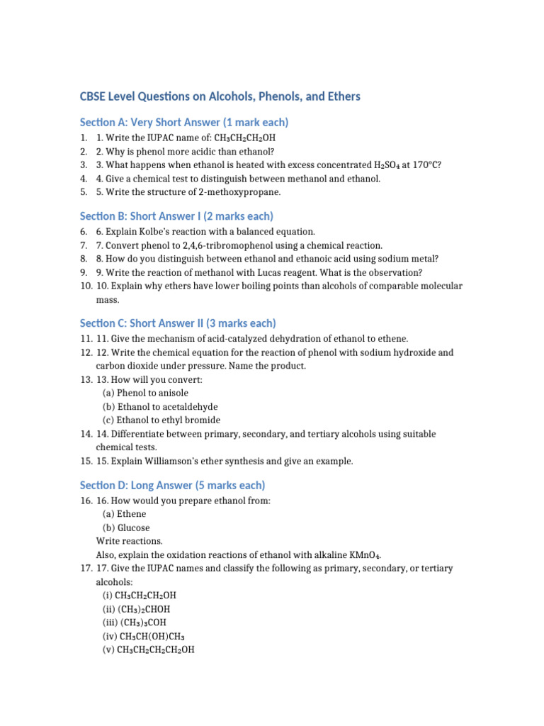 Alcohols Phenols Ethers CBSE Questions | PDF | Ethanol | Ether