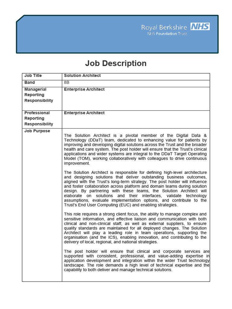 Solutions Architect JD & PS | PDF | Enterprise Architecture | Occupational Safety And Health
