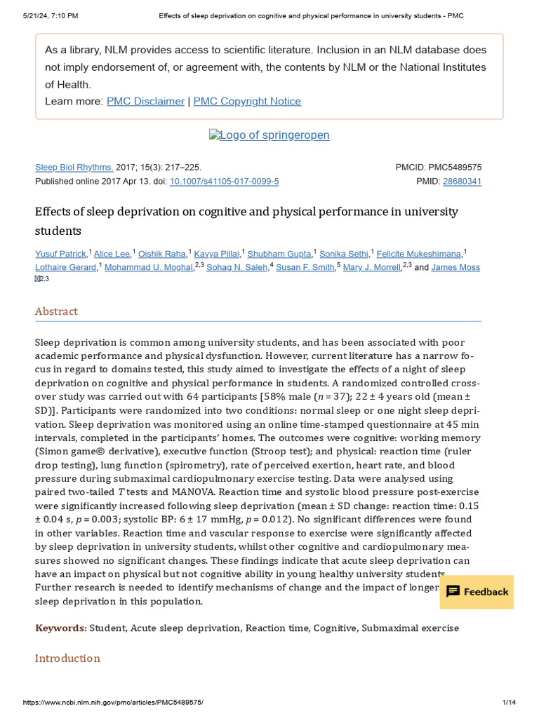 Effectspubmed of Sleep Deprivation On Cognitive and Physical ...