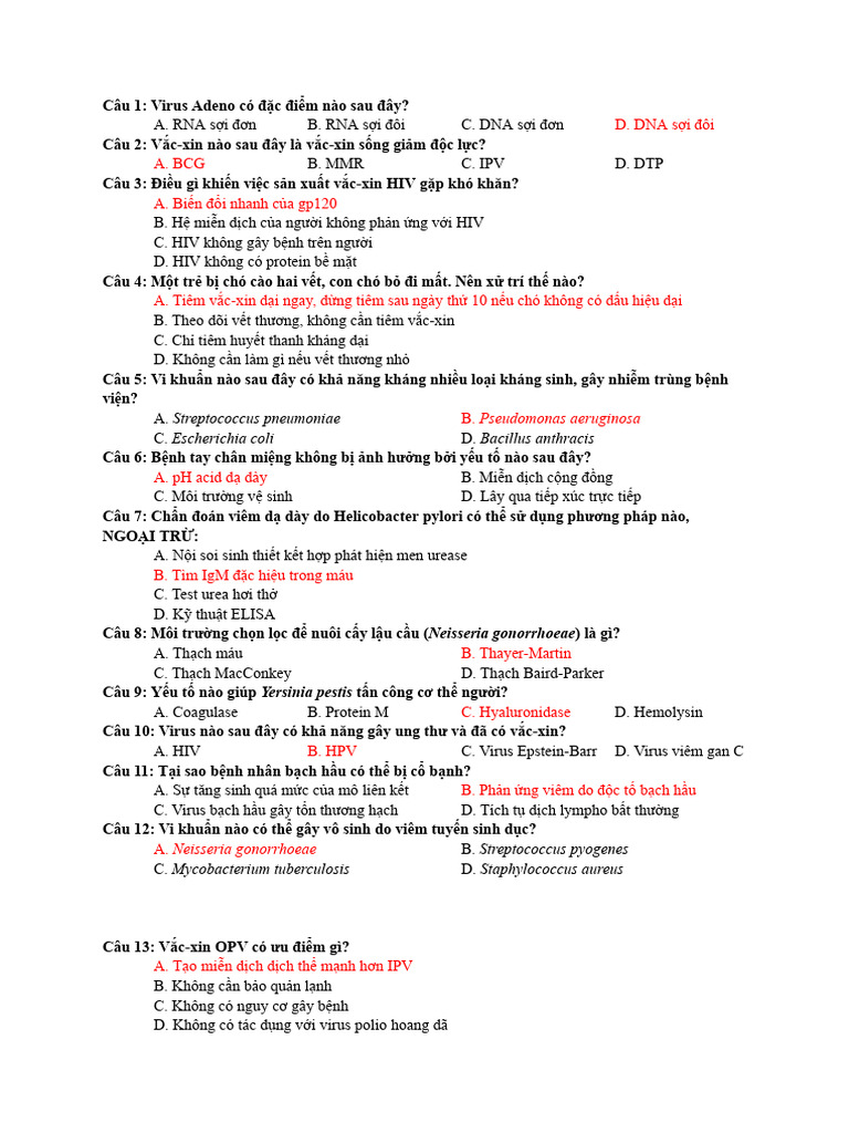 Trắc nghiệm vi sinh (không chắc năm nào) | PDF