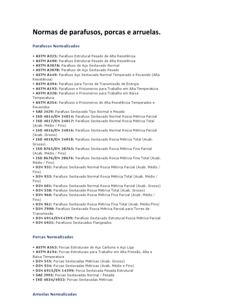 Normas de Parafusos Porcas e Arruelas | PDF | Parafuso | Aço