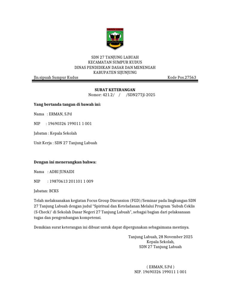 Surat Keterangan FGD SDN 27 Tanjung Labuah | PDF