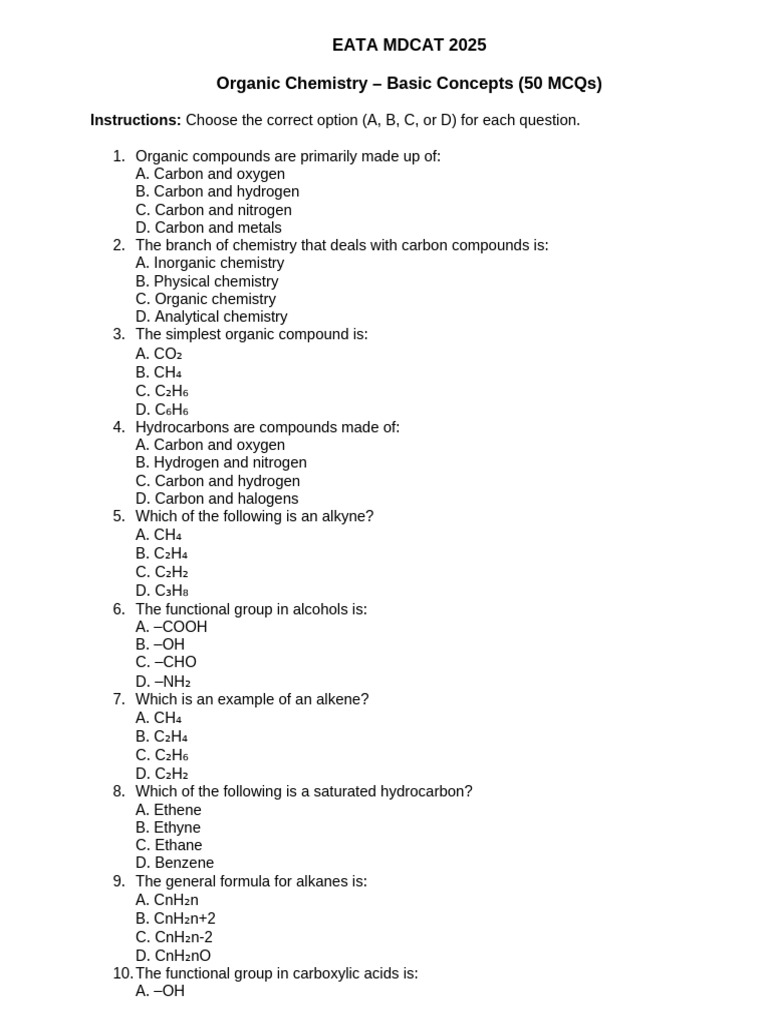 Eata Mdcat 2025 Organic Chemistry Basic Concepts | PDF | Alkene | Functional Group
