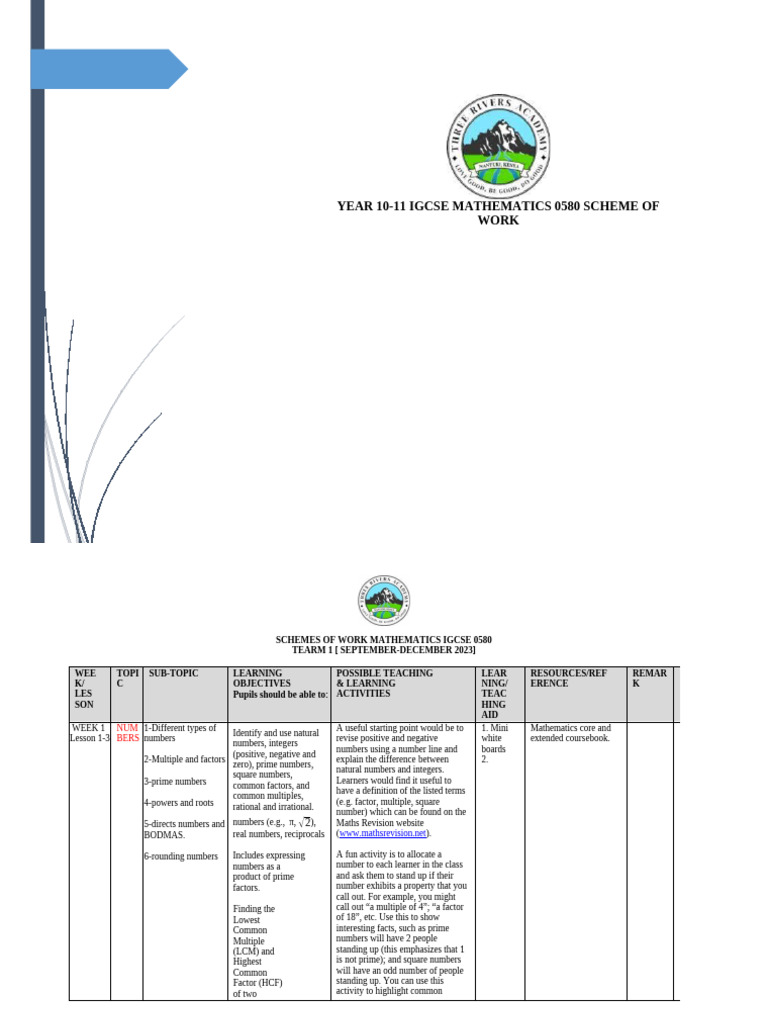 IGCSE 0580 Maths Scheme of Work 2023-25 | PDF | Numbers | Sequence