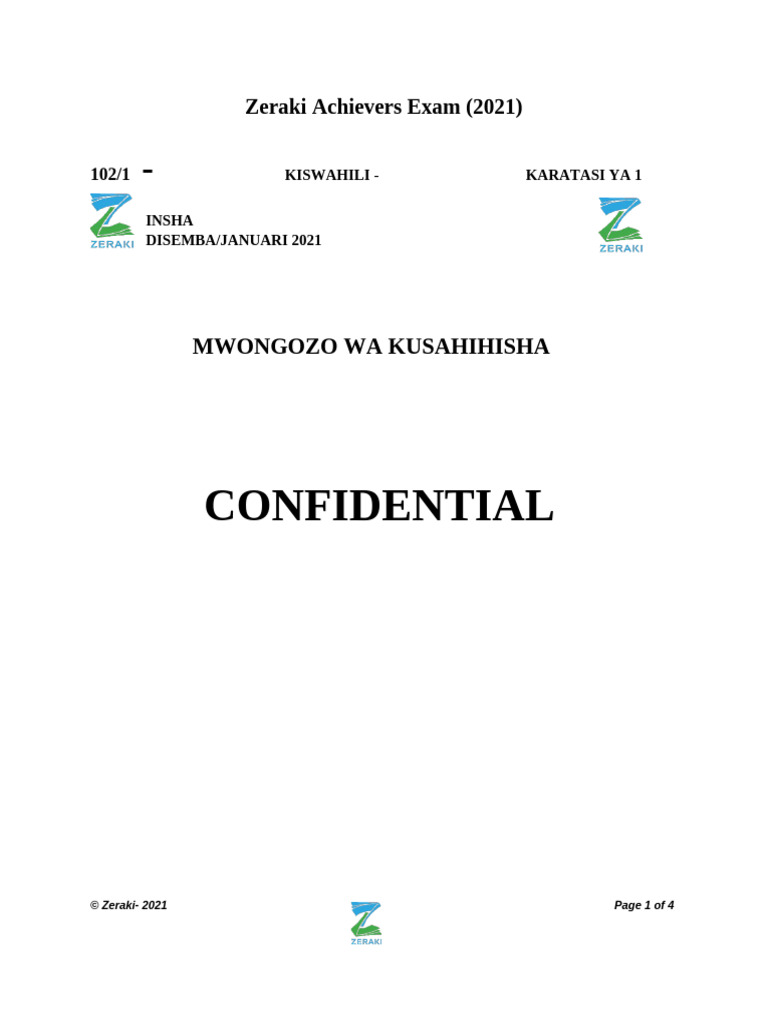 Kiswahili - Kiswahili Form 3 Paper 1 - Zeraki Achievers 1.0 - Marking ...