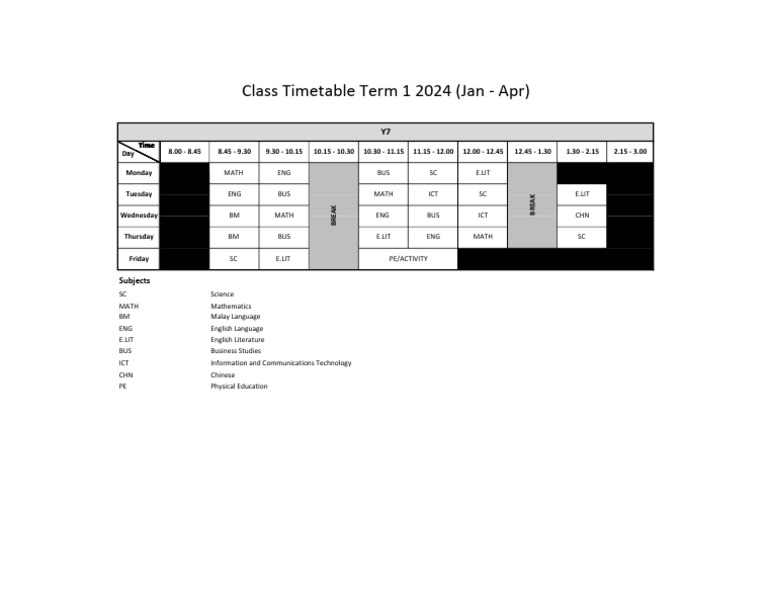 Y7 Class Timetable t1 2024 | PDF