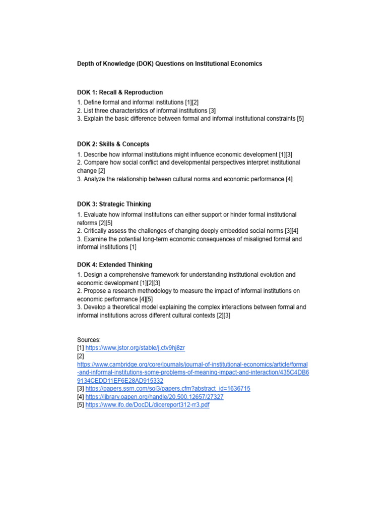 Depth of Knowledge (DOK) Questions on Institutional Economics.pdf | PDF