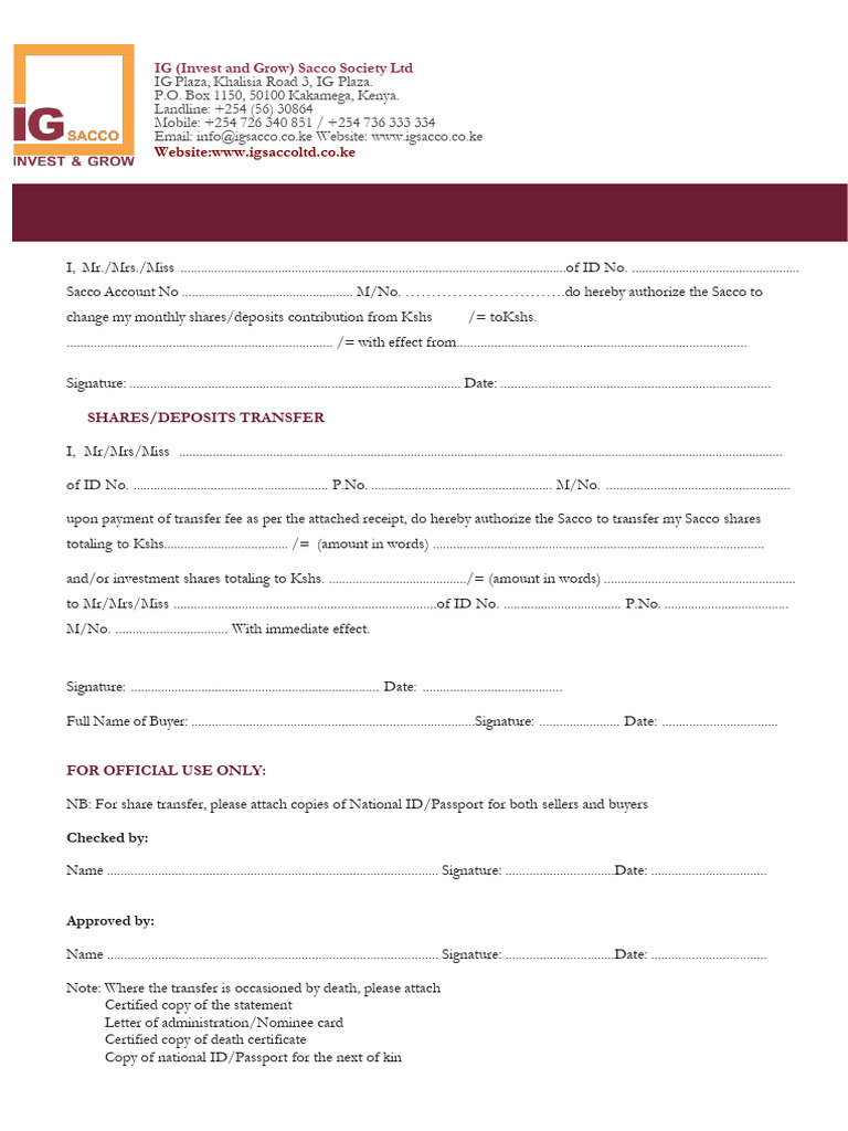 Ig Sacco Change Transfer of Shares Deposits Contribution Form | PDF