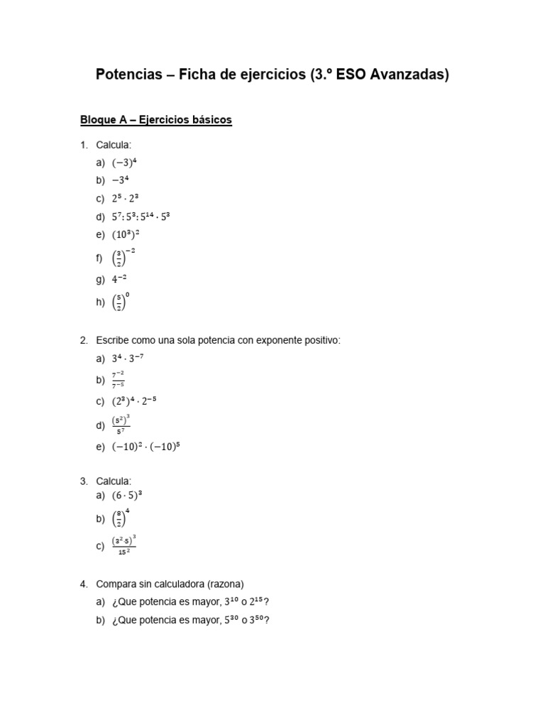 Ejercicios de Potencias para 3.º ESO | PDF